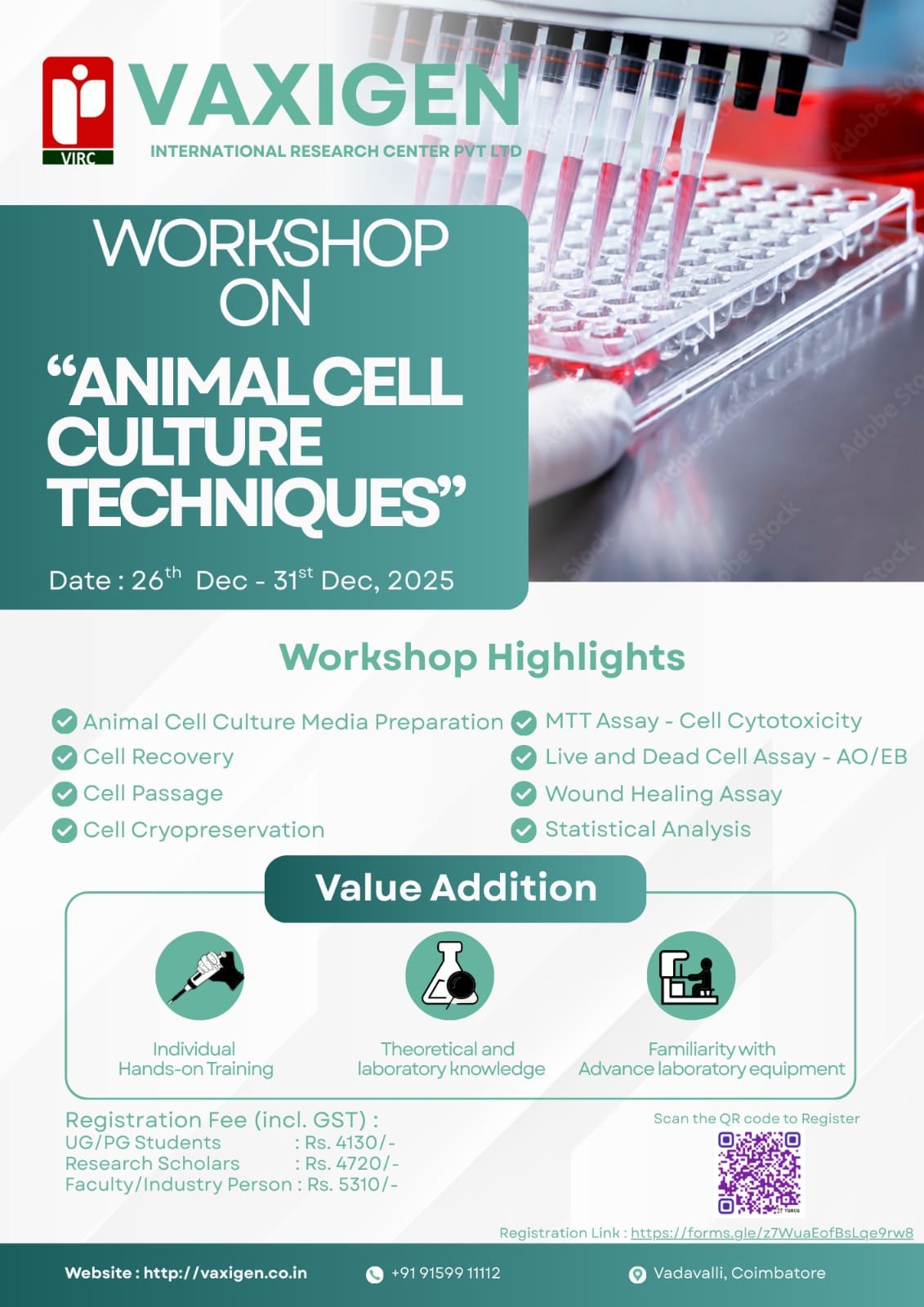 Workshop on "Animal Cell Culture Techniques" From 26th to 31st December ...